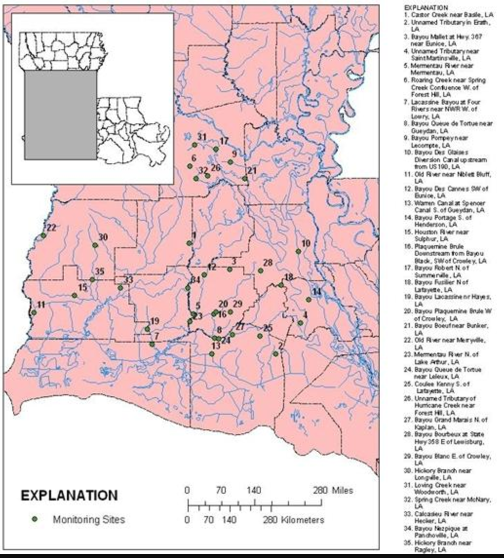 Map showing monitoring sites of biota and DO in southwestern Louisiana ...