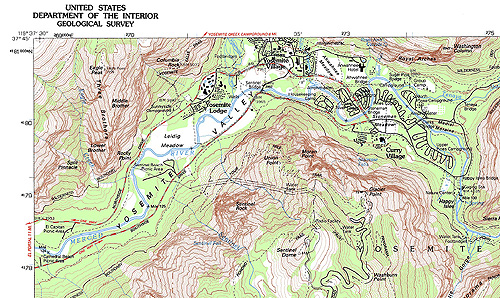 Exerpt from USGS Half Dome quadrangle topographic map showing Yosemite ...